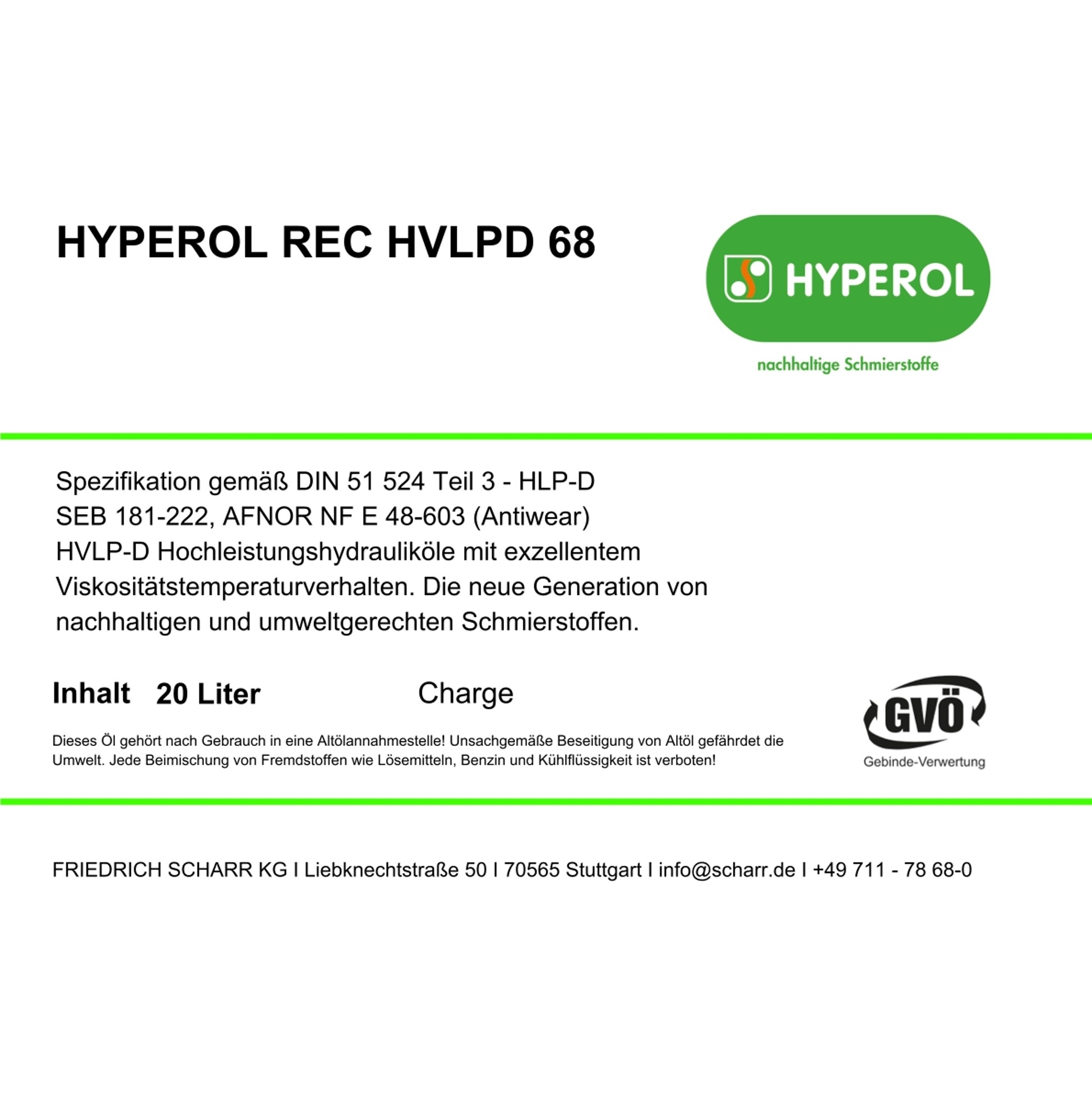 Hyperol Hydraulic oil REC HVLP-D 68 60L Drum | buy online